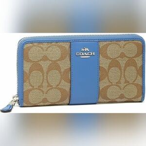 Coach | Bags | Coach Designer Signature Tan Blue Monogram Stripe ...